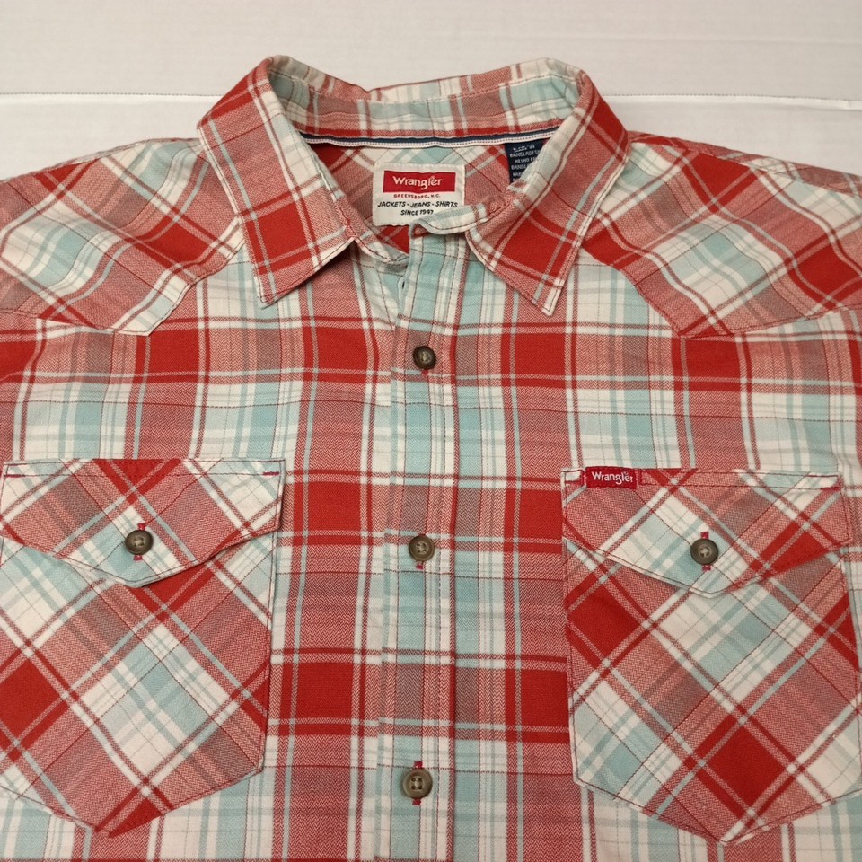 Wrangler Cowboy Wash Shirt Men's Size L Large Red Sky Blue Plaid LS ...