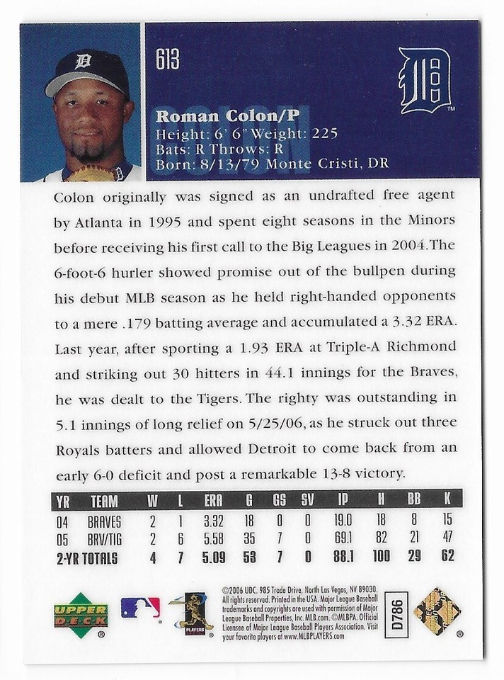 Roman Colon 2006 Upper Deck Special F/X Purple #613 /150 Parallel ...