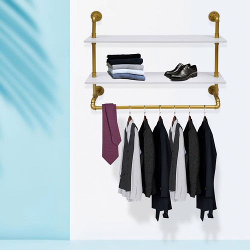 Gold Industrial Pipe Clothing Rack with Shelves Clothes Rack Retail ...