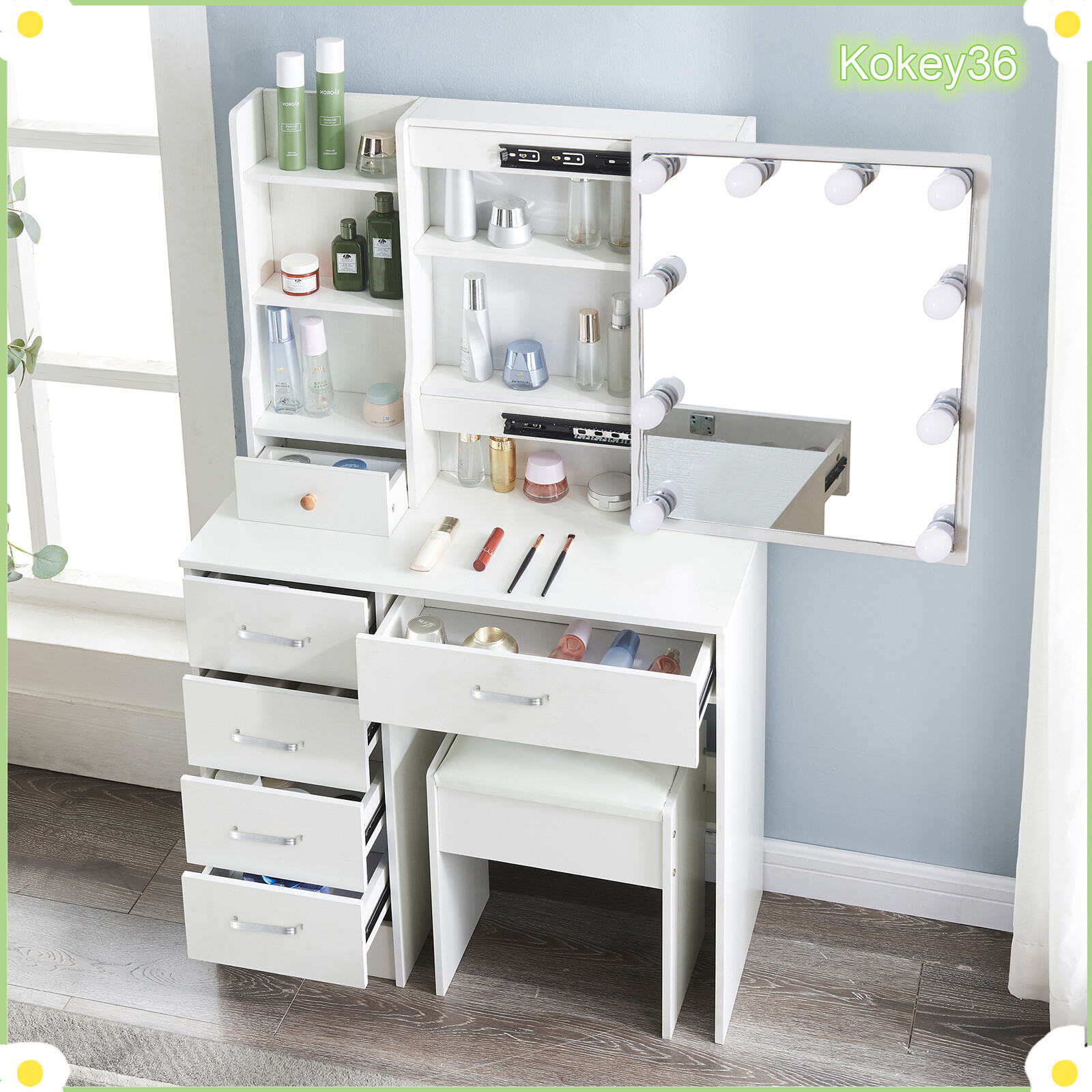 White Hollywood LED Lights Mirror Make up Dressing Table Vanity Set 6 ...