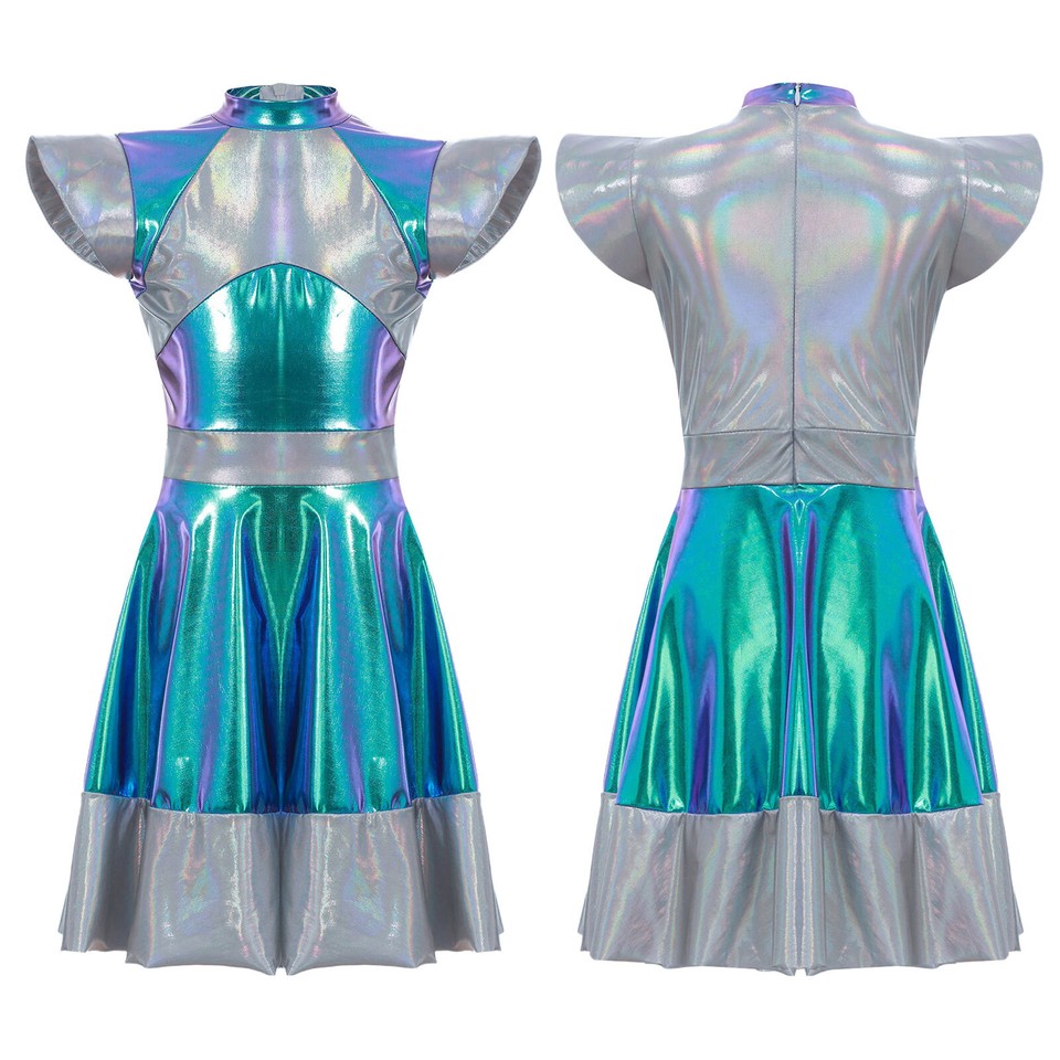 Kids Girls Metallic Alien Dress Halloween Costume Space Theme Party ...