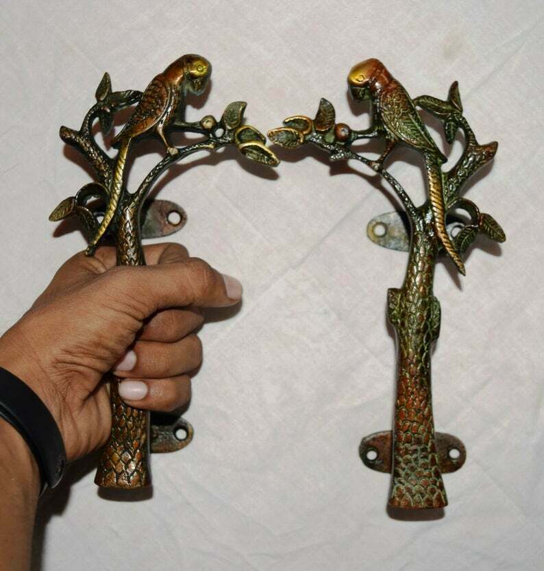 8 Inches Brass Parrot Door Handle Pair Ditto Bird On Tree Design Gate ...