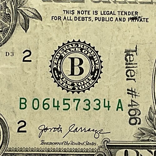 Teller Stamp Error 2017A One Dollar Bill B06457334A DC Print Teller ...