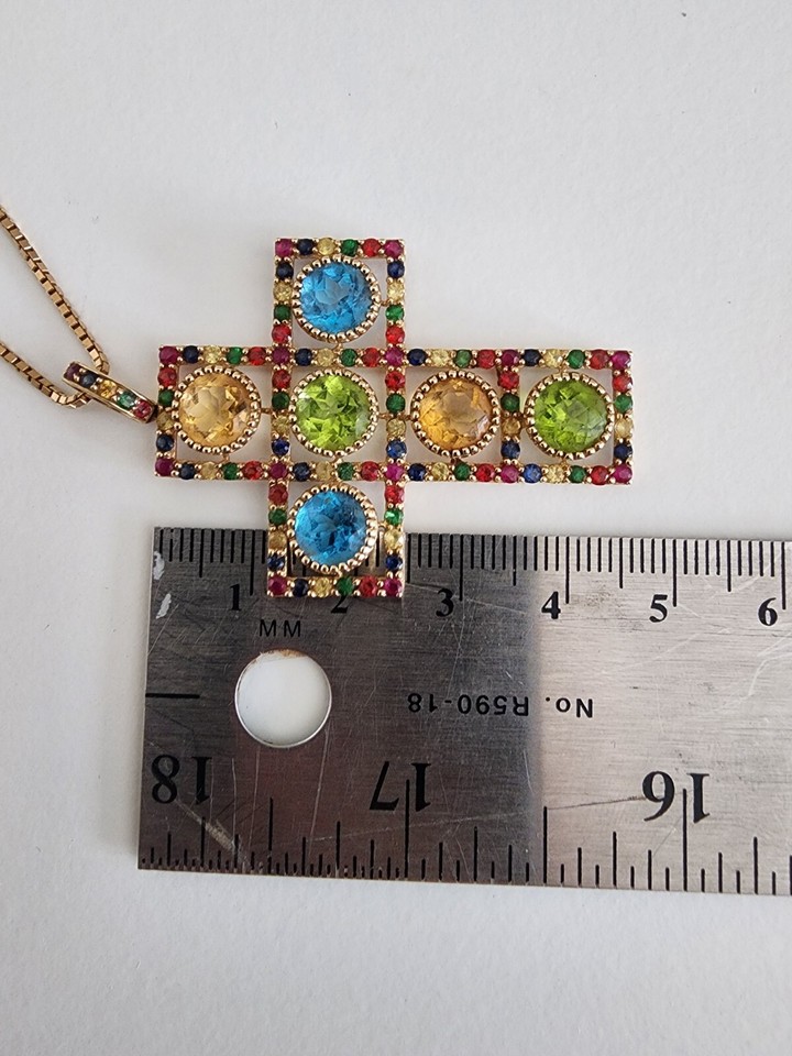 14K Solid Gold Multi-Colored Gemstone Cross Pendant Necklace-12.59 ...