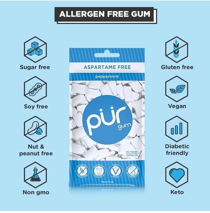 PUR Xylitol Chewing Gum PEPPERMINT (55 Pieces, 4 Pack) Sugarless Vegan ...
