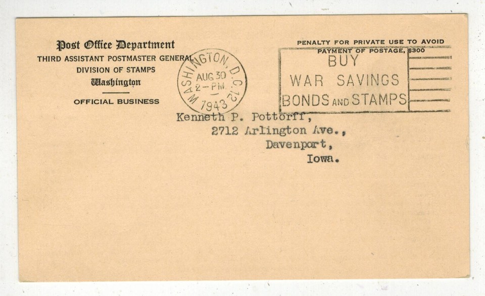WW2 Patriotic 1943 3rd ASST. PMG USPOD STAMP ANNOUNCEMENT CARD 915 ...
