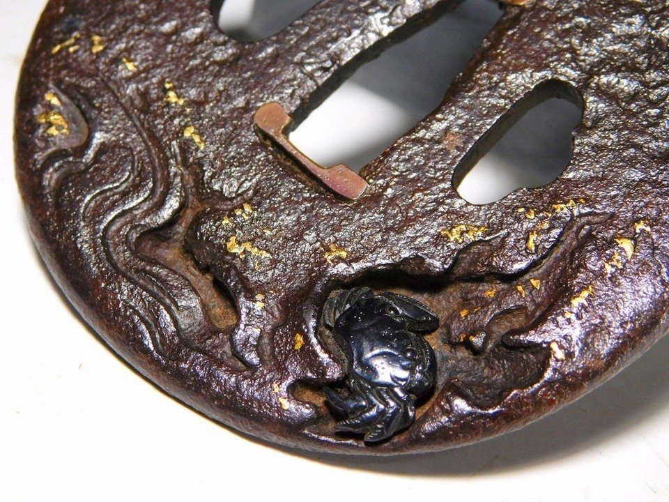 Yasuchika Signed Crab & the Moon Imlaid Tsuba Edo original tsuba ...