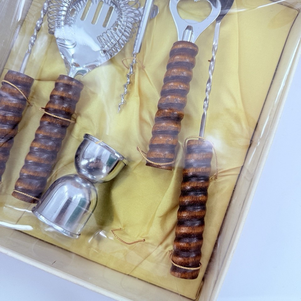 Vintage Bar Set NOS Complete In Box Wood Handles Jigger Bottle Opener ...