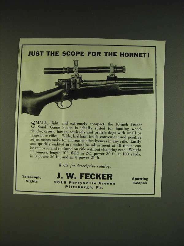 1934 J.W. Fecker Small Game Scope Ad - Just the scope for the hornet | eBay