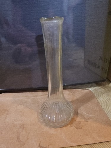 Clear Glass Bud Vase Rose Flowers Ribbed Bulbous Base Scalloped Opening ...