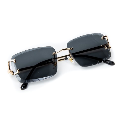 Rimless Luxury Hip Hop Men's Gem Cut Black Tint Gold Frame Rectangle ...