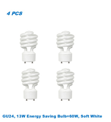 4 Bulbs, Twister GU24,13W Energy Saving Bulb= 60W,Soft White 2700K, UL ...