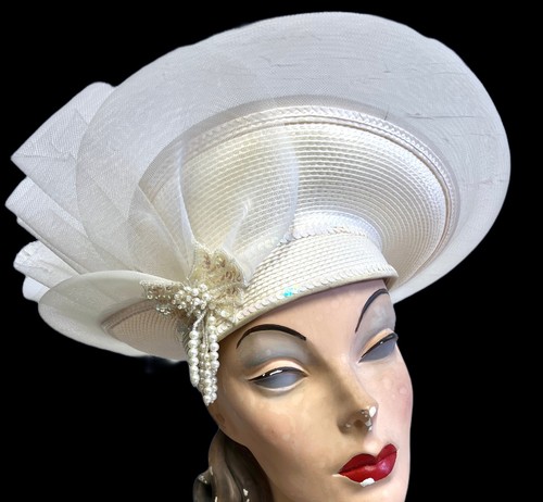 Vtg Ivory Outlandish Hat Drama Horsehair Pearls Church Derby Sz S ...