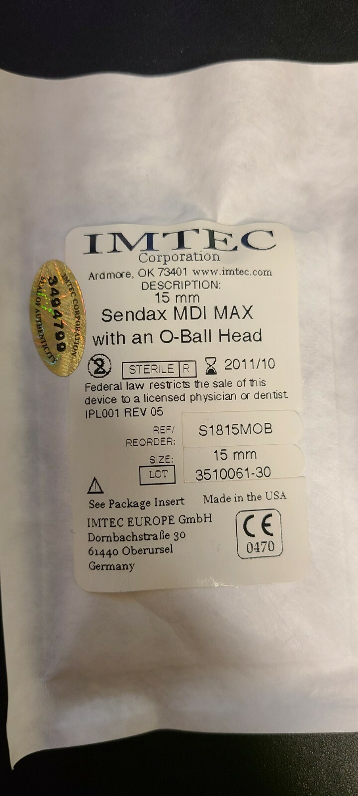 IMTEC Sendax MDI Max with an O-Ball Head 15mm Each | eBay