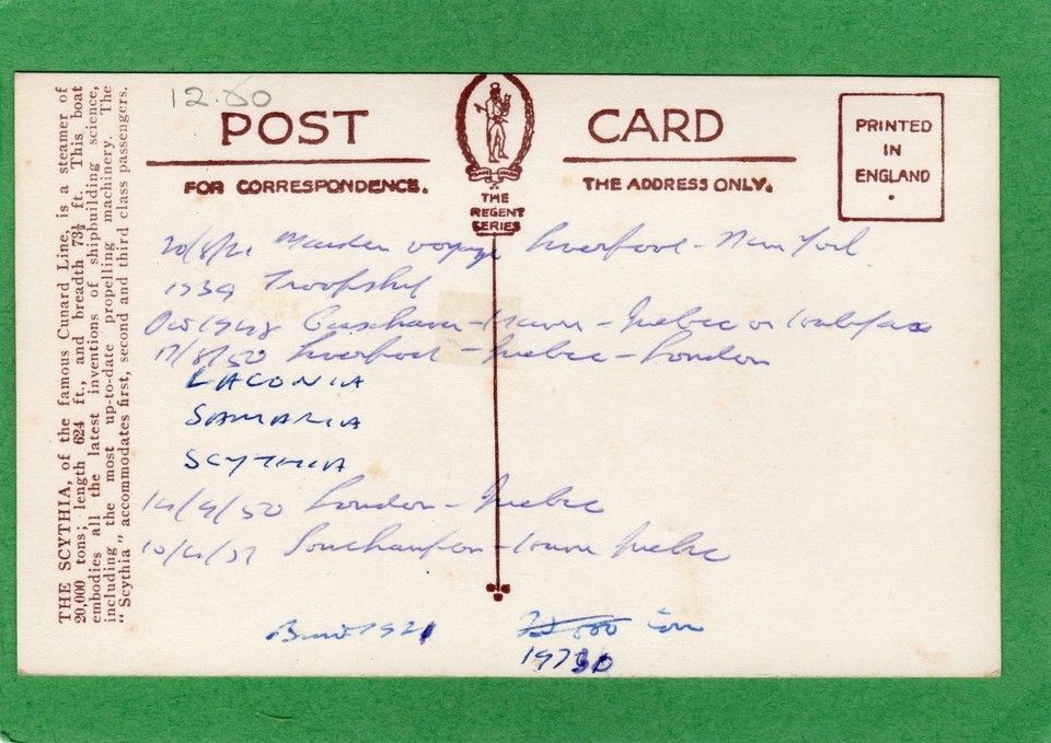 RMS SS Scythia Cunard Line RP pc Regent Ref M72 | eBay