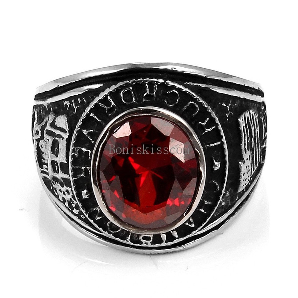 Vantage Black Silver Tone Stainless Steel Wide Cast Class Ring w Red CZ ...