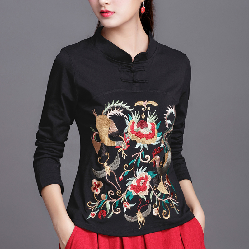 Lady Chinese Floral Embroidery T-Shirt Slim Blouse Tops Ethnic Mandarin ...