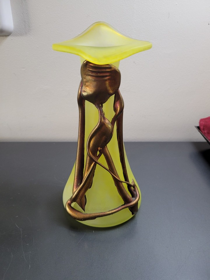 Filip Ravert Romblast Style Art Glass Vase Yellow Satin Metal Overlay 8 ...