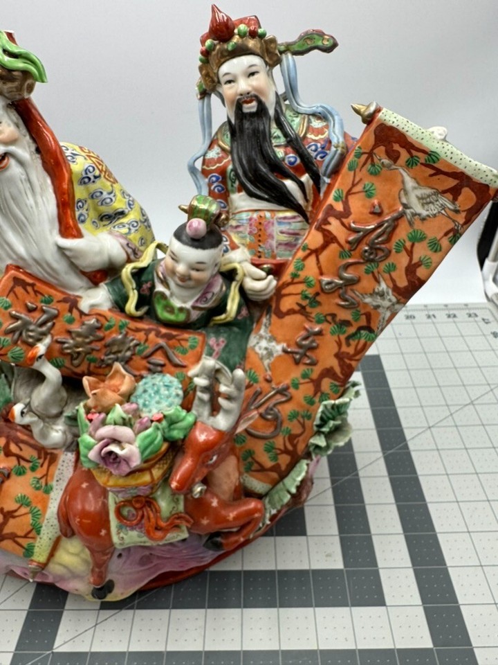 LARGE Chinese Fu Lu Shou Statue Figure HUGE READ 18.5 LBS!! Vintage ...