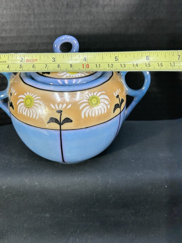 Vtg Lusterware Teapot Set Blue Peach Daisy Flower Creamer Sugar wLid ...