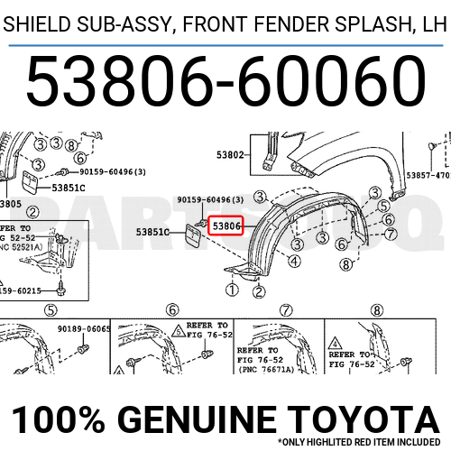 5380660060 Genuine Toyota SHIELD SUB-ASSY, FRONT FENDER SPLASH, LH ...