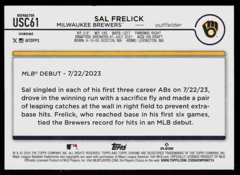 SAL FRELICK 2024 TOPPS CHROME UPDATE REFRACTOR RC MILWAUKEE BREWERS # ...
