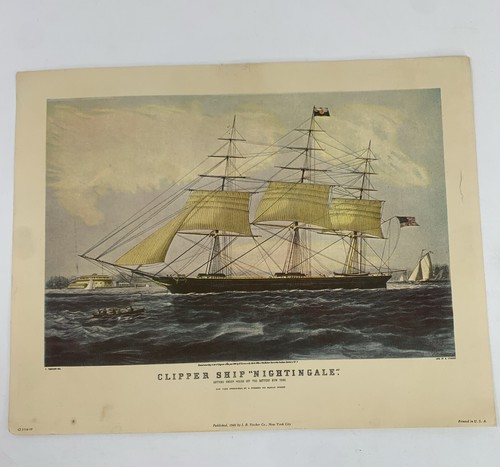 1946 Vintage Print 1851 Clipper Ship Nightingale Sail Boat Currier and ...