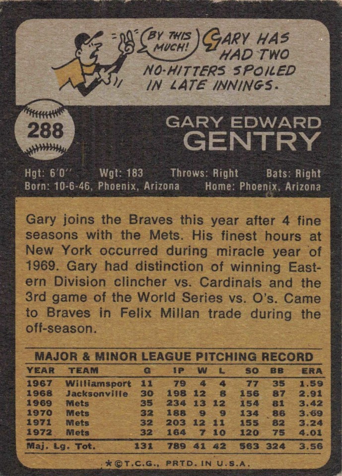 Gary Gentry Atlanta Braves 1973 Topps #288 Baseball Card | eBay