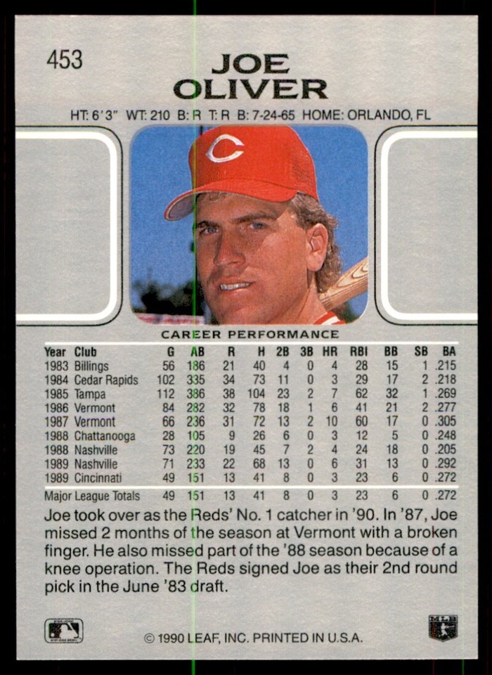 1990 Leaf Joe Oliver Cincinnati Reds #453 | eBay