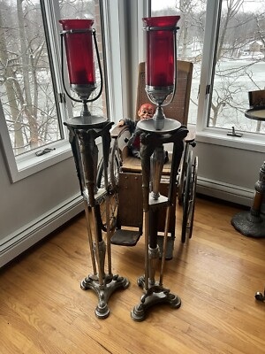2 Vtg Church Candle Holder Lamps Funeral Sanctuary Vigil Candelabra ...
