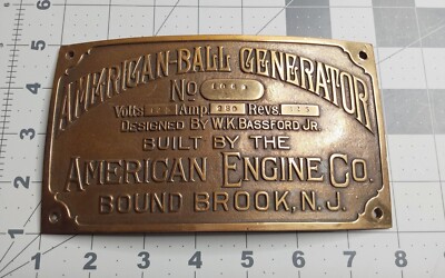 American Ball Generator American Engine Co Brass Plaque Plate Sign ...
