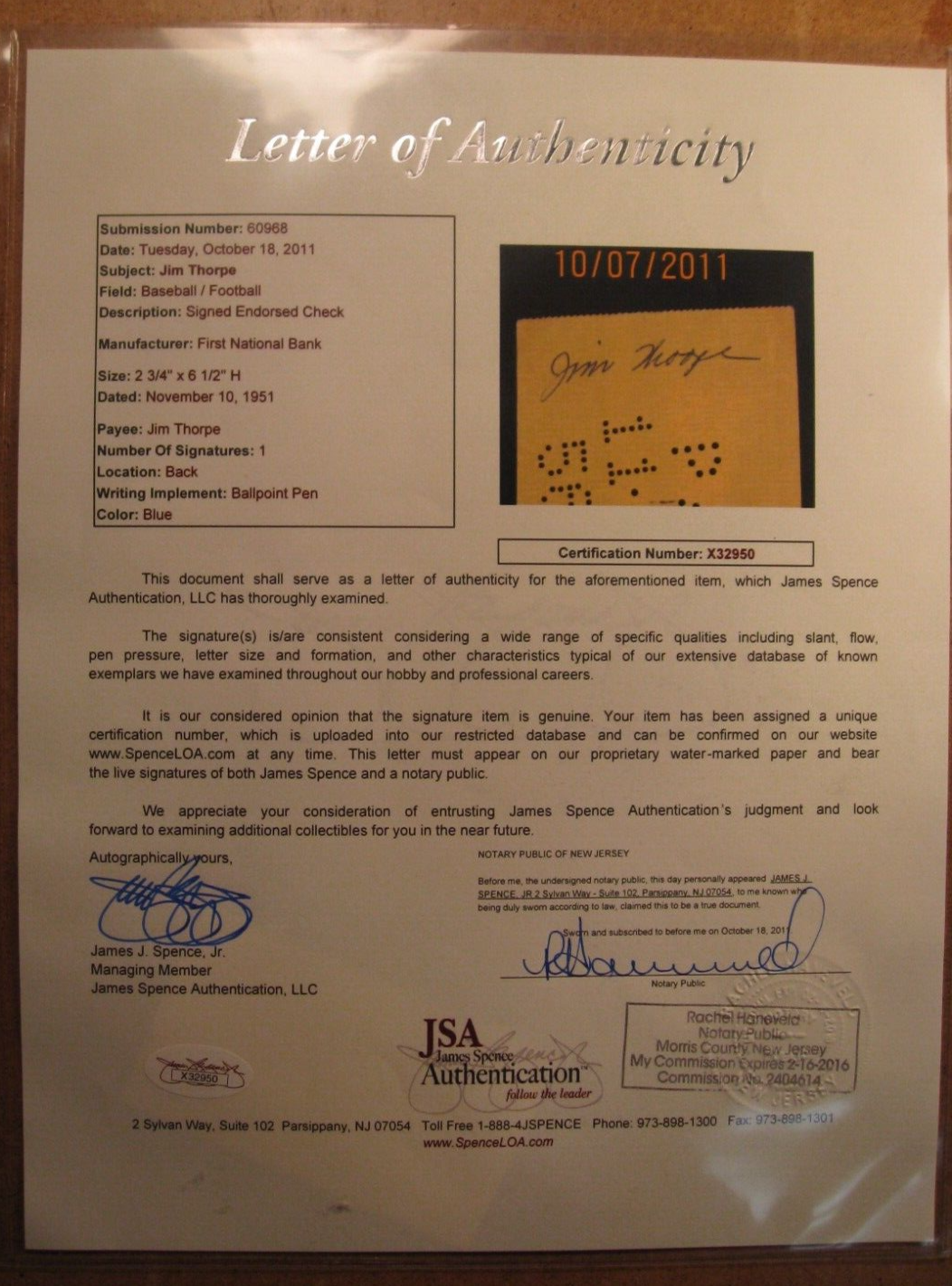 JIM THORPE Signature Endorsed Back of Bank Check 11-10-1951. JSA ...