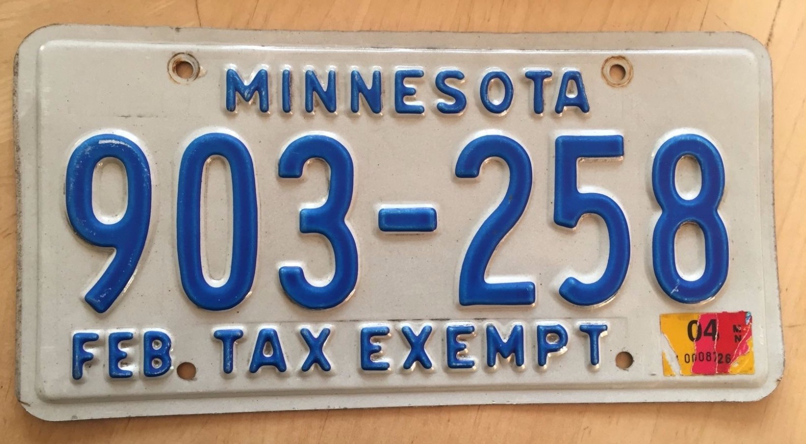 MINNESOTA TAX EXEMPT GOVT LICENSE PLATE " 903 258 " MN CHARITABLE NO ...