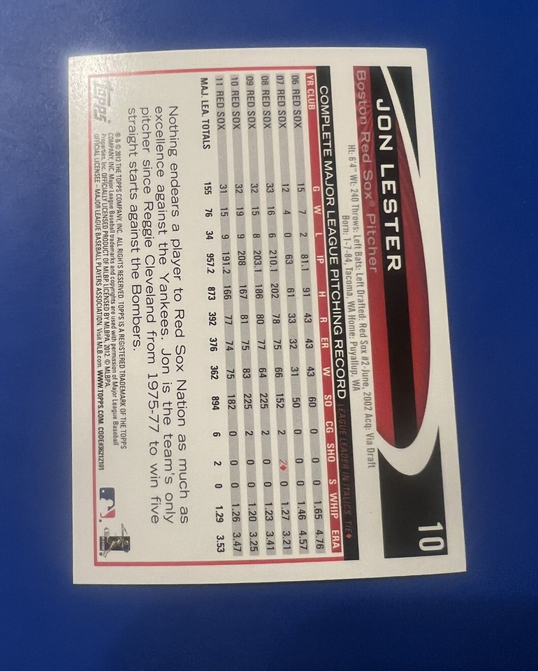 2012 Topps Jon Lester #10 Boston Red Sox | eBay