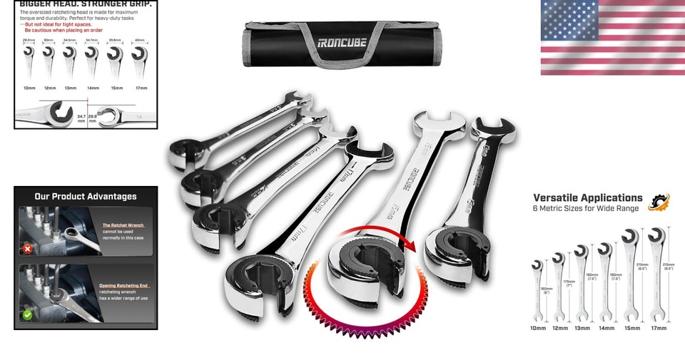 Metric Brake Line Wrench Set 10-17mm - Ratcheting Open-End Tool for ...