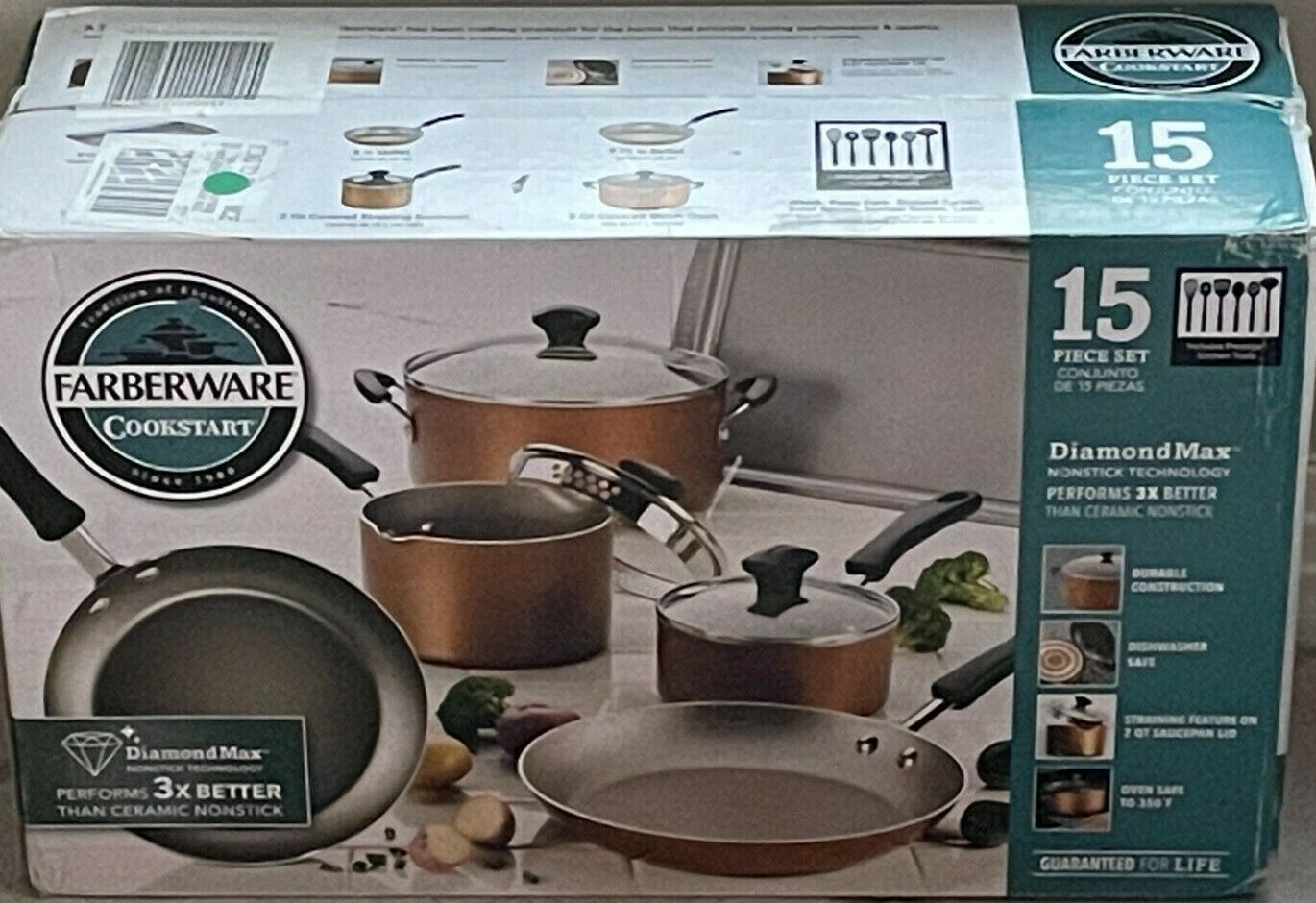 New Farberware Cookstart Aluminum DiamondMax Nonstick 15-Pc. Cookware ...
