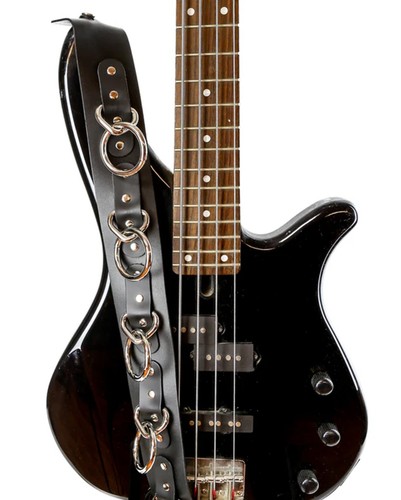 Black Leather Silver O-Rings Guitar Strap Bass Punk Rock Goth Metal ...