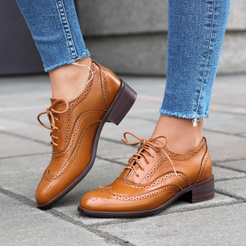 Retro Women British Round Toe Lace Up Splicing Block Heel Brogue ...