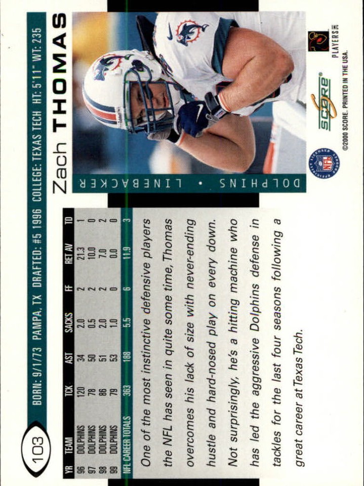 2000 Score Football Card #103 Zach Thomas | eBay