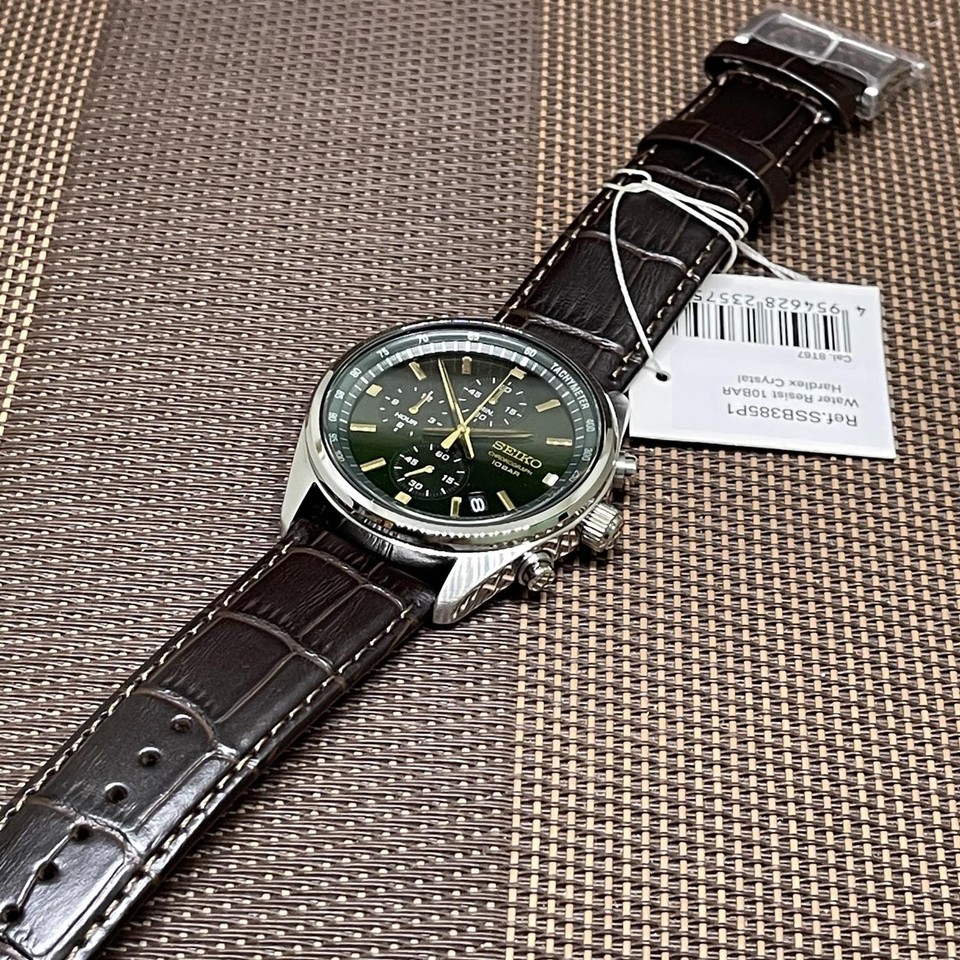 Seiko SSB385P1 Chronograph Green Analog Brown Leather Quartz Men's ...