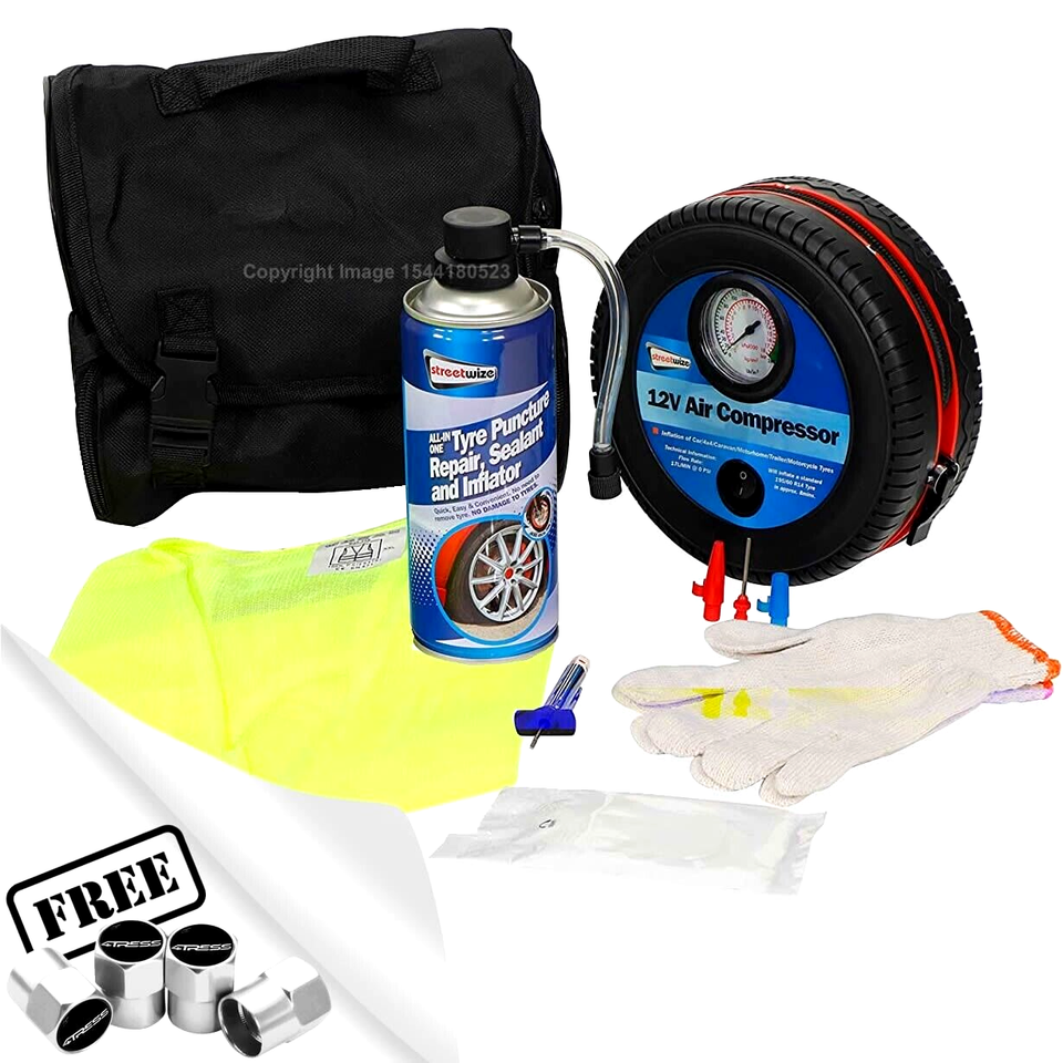 Car Tyre Emergency Puncture Repair Kit 12v Air Compressor Pump Inflator ...