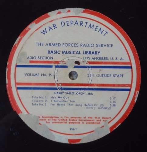 P-1/2 1stEver Armed Forces Radio Service Basic Music Library Disc AFRS ...