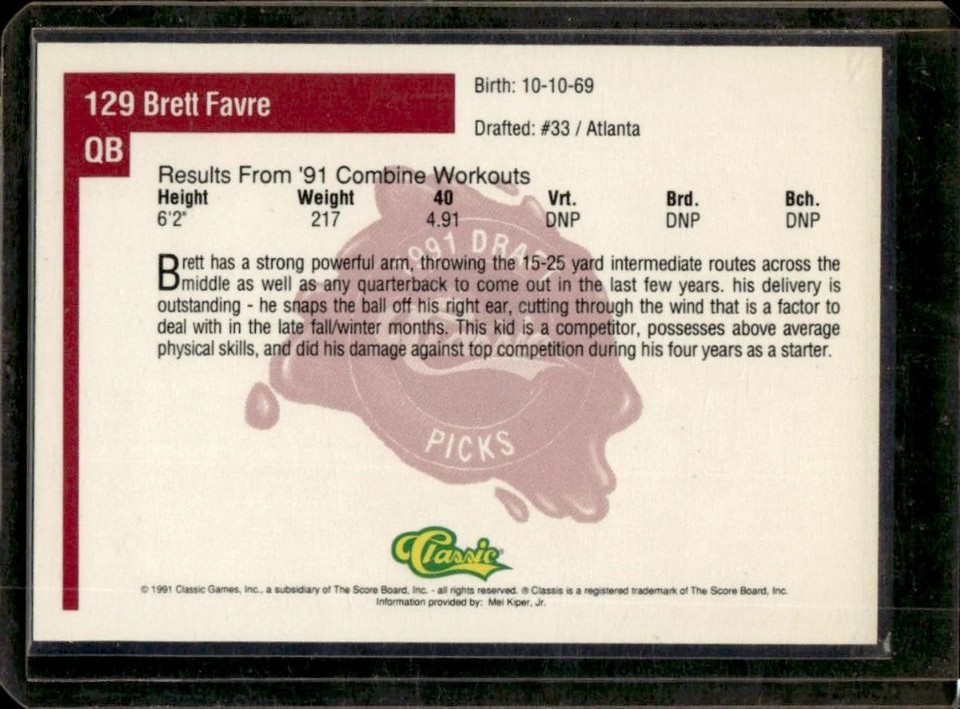 1991 Classic Draft Brett Favre Rookie Southern Miss #129 Green Bay ...