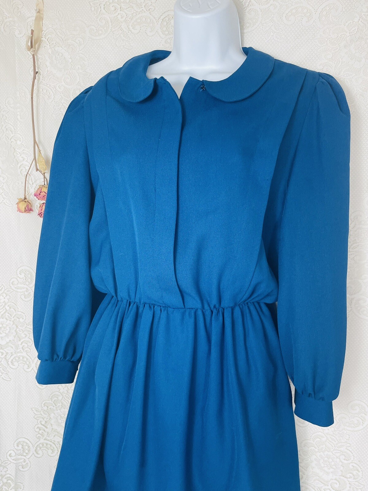 vtg Teal Blue Secretary Dress SABINO sz 14 Peter Pan Collar Modest 80s ...