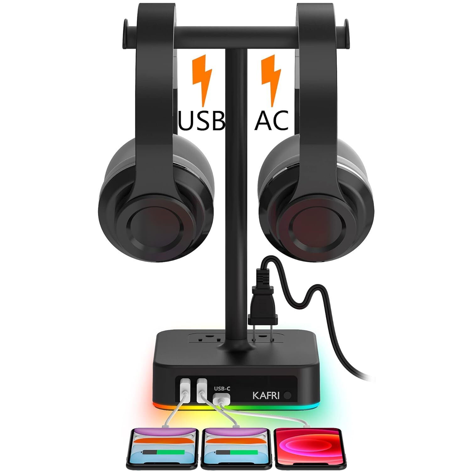 Rgb Dual Headphone Stand With Usb C Charger Desk Gaming Double Headset ...