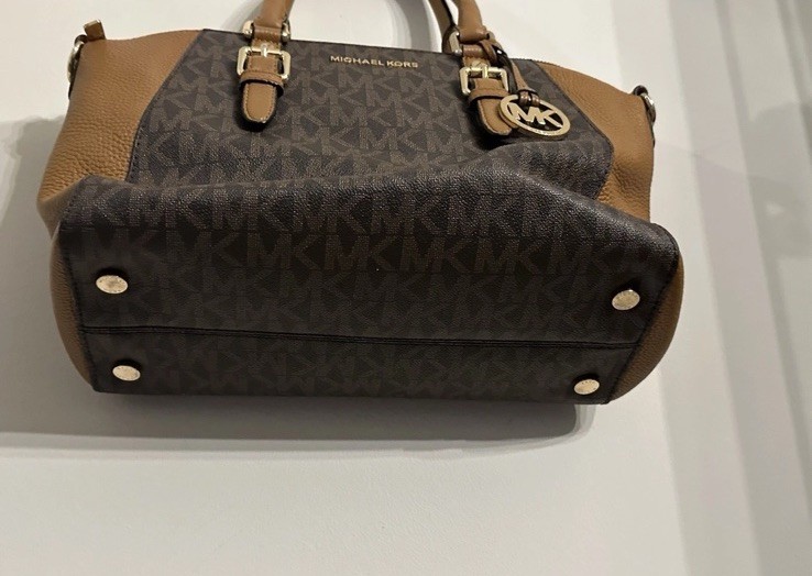 MICHAEL KORS Brown Leather Riley Signature Logo Top Zip Satchel | eBay