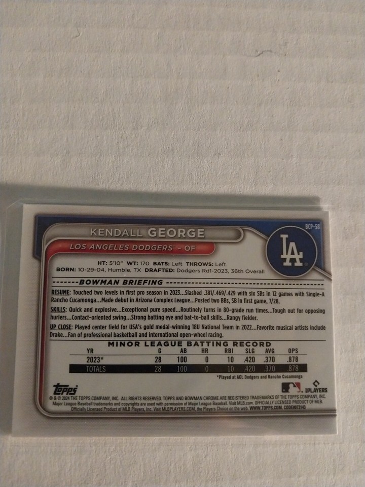 Kendall George 2024 Bowman - Chrome Prospects BCP-58 Dodgers Baseball ...