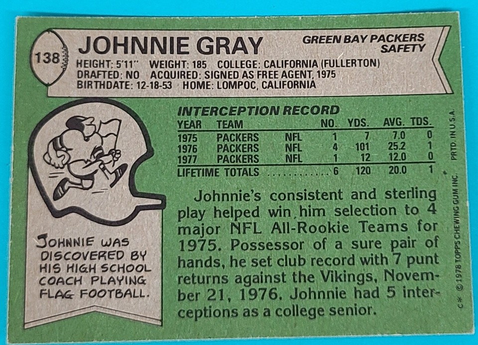 1978 Topps #138 Johnnie Gray Green Bay Packers Football Card C6 | eBay