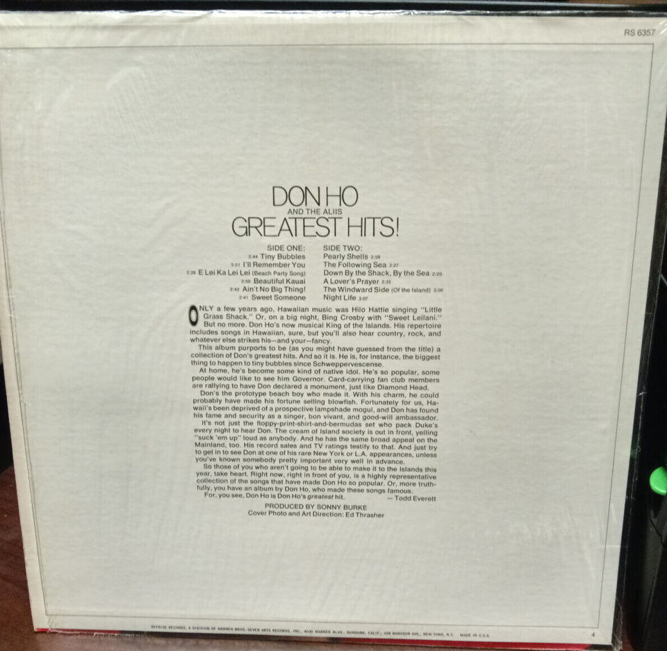 Don Ho's Greatest Hits LP Don Ho & The Aliis, (RS 6357) 1970 Reprise ...