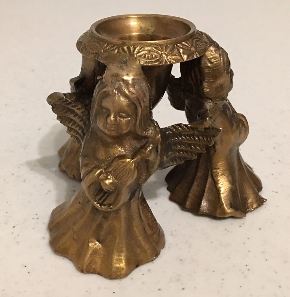 Cherub Brass Candle Holder Triple Winged Angel Musical Instrument 2.75 ...